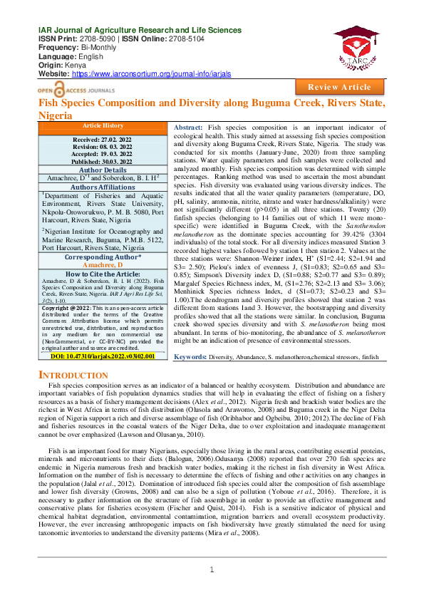 (PDF) Fish Species Composition and Diversity along Buguma Creek, Rivers ...