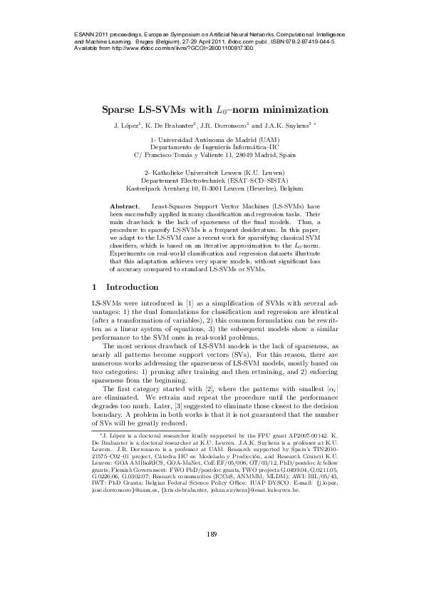 (PDF) Sparse LS-SVMs with L0-Norm Minimization