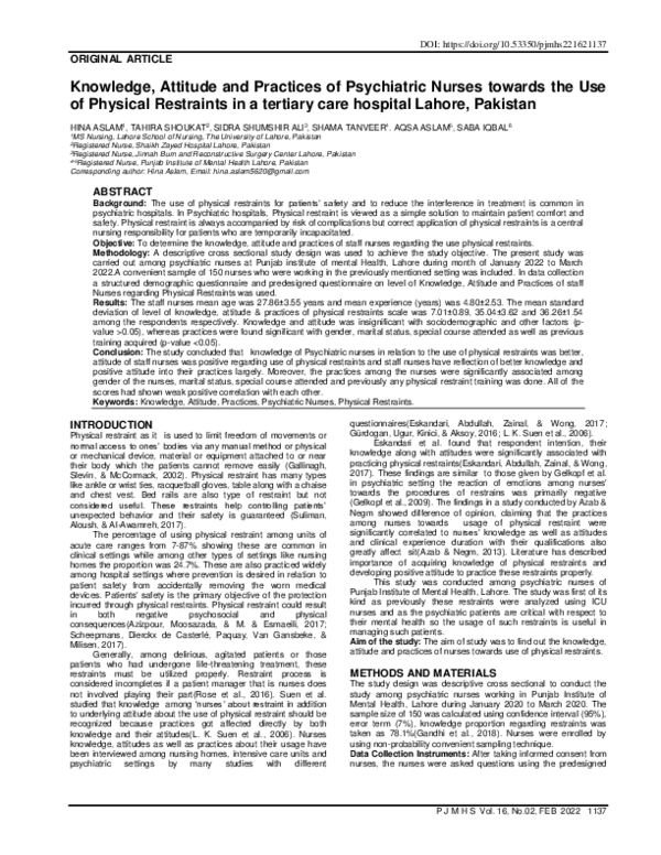 (PDF) Knowledge, Attitude and Practices of Psychiatric Nurses towards the Use of Physical ...
