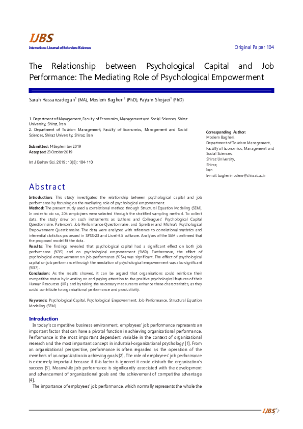 (PDF) The Relationship between Psychological Capital and Job Performance: The Mediating Role of ...