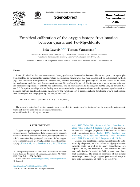 (PDF) Empirical calibration of the oxygen isotope fractionation between ...