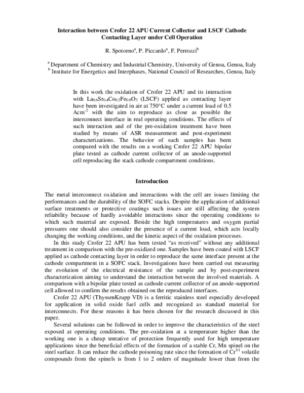 (PDF) Interaction between Crofer 22 APU Current Collector and LSCF ...