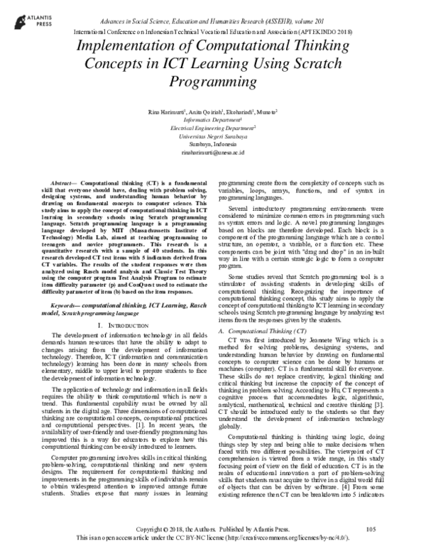 Pdf Implementation Of Computational Thinking Concepts In Ict Learning Using Scratch Programming