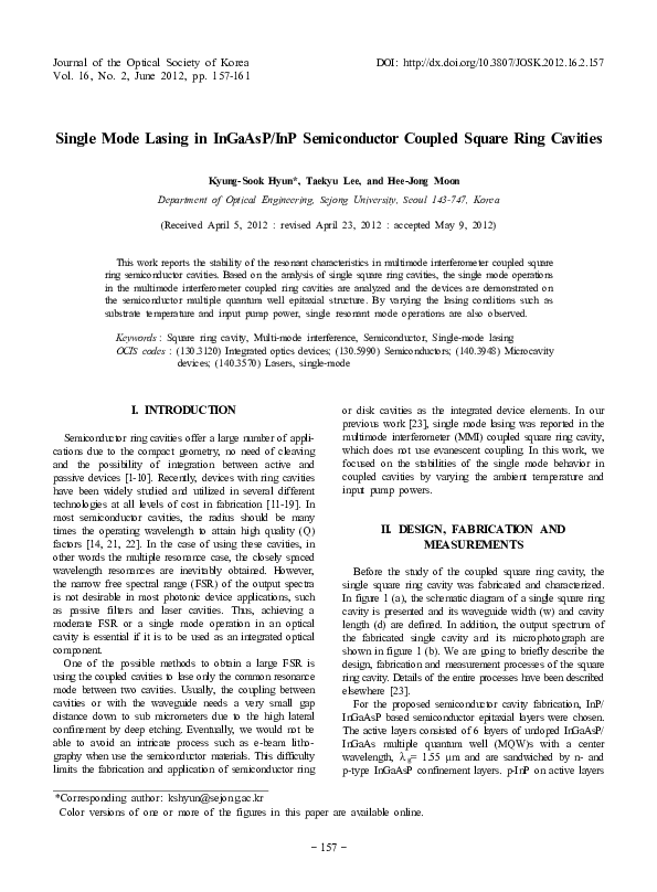 (PDF) Single Mode Lasing in InGaAsP/InP Semiconductor Coupled Square Ring Cavities