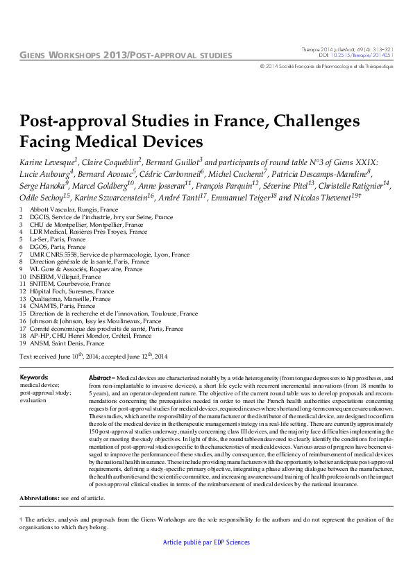 (PDF) Post-approval Studies in France, Challenges Facing Medical Devices