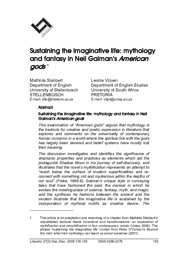 (PDF) Sustaining the imaginative life: mythology and fantasy in Neil ...