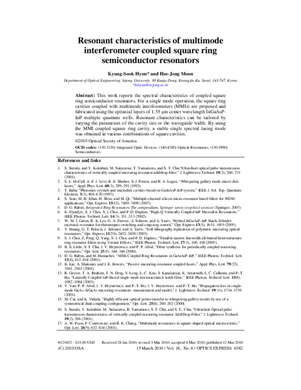Pdf Resonant Characteristics Of Multimode Interferometer Coupled Square Ring Semiconductor