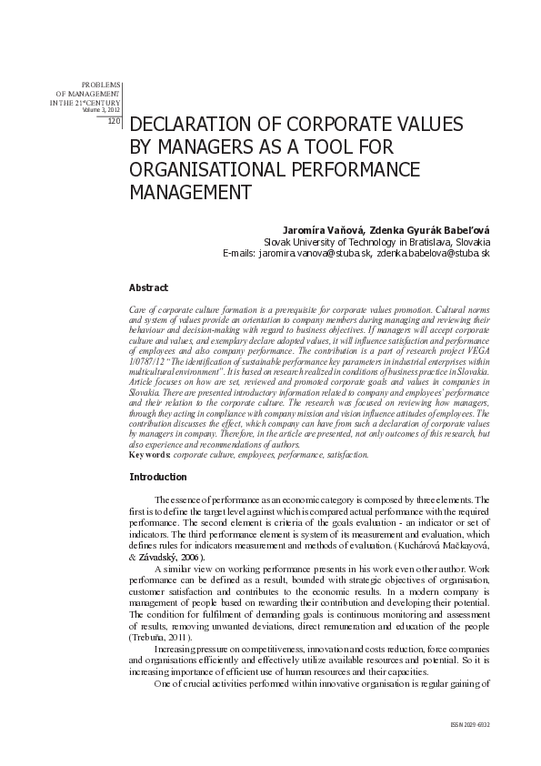 (PDF) Declaration of Corporate Values by Managers as a Tool for ...