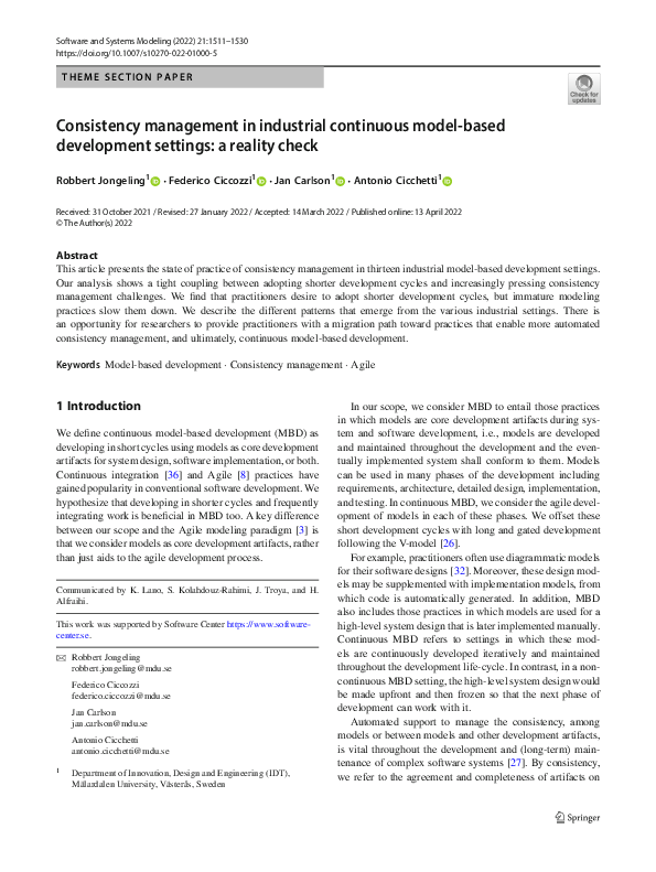 (PDF) Consistency management in industrial continuous model-based development settings: a ...