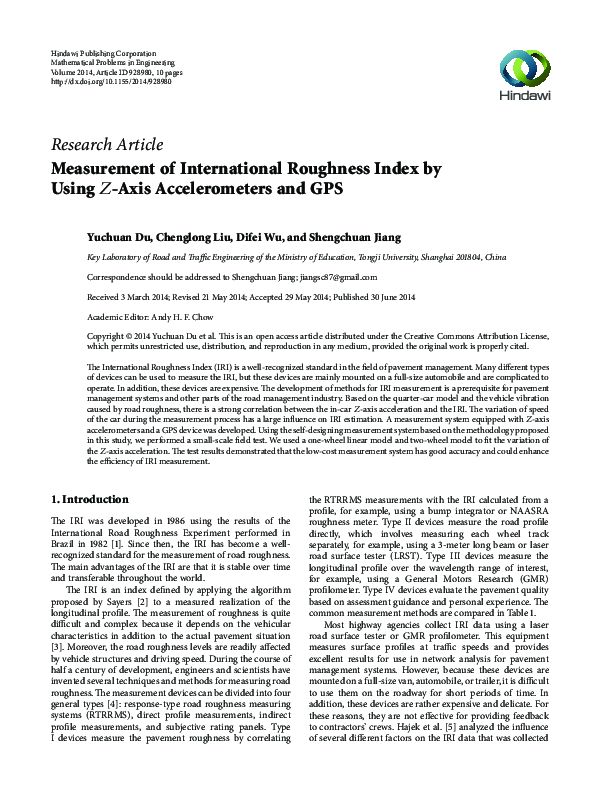 Pdf Measurement Of International Roughness Index By Usingz Axis Accelerometers And Gps