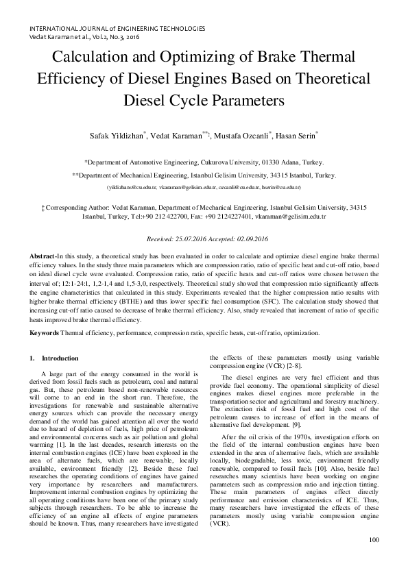 (PDF) Calculation and Optimizing of Brake Thermal Efficiency of Diesel Engines Based on ...
