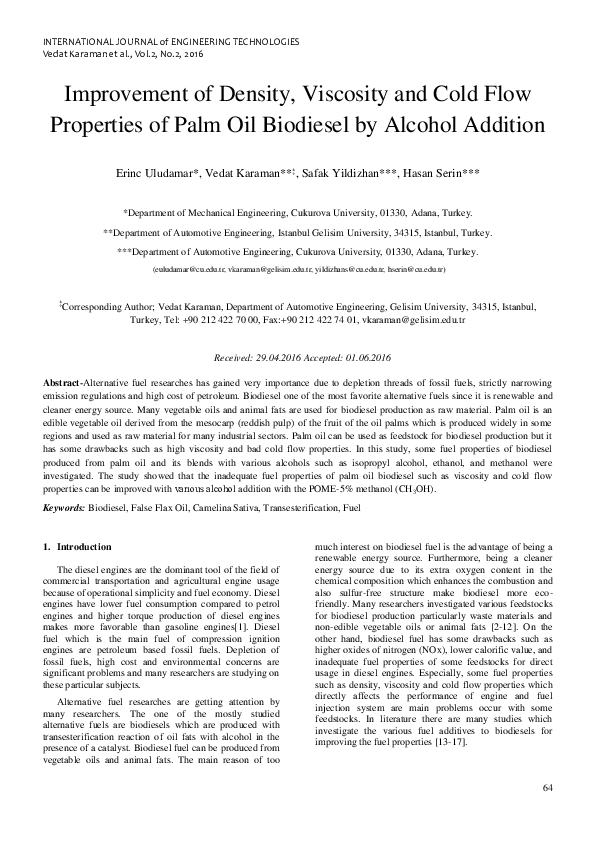 (PDF) Improvement of Density, Viscosity and Cold Flow Properties of Palm Oil Biodiesel by ...