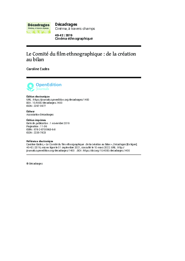 (PDF) Le Comité du film ethnographique : de la création au bilan