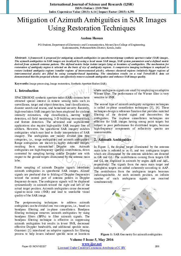 (PDF) Mitigation of Azimuth Ambiguities in SAR Images Using Restoration Techniques