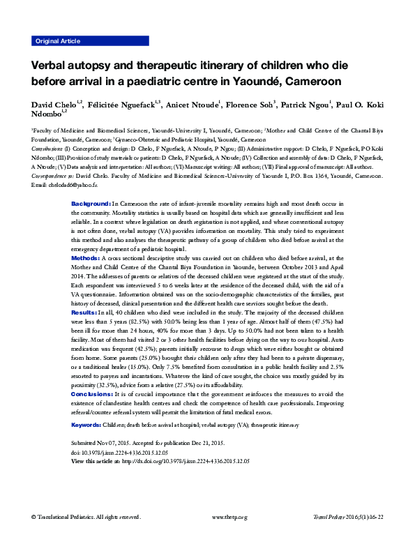 (PDF) Verbal autopsy and therapeutic itinerary of children who die ...