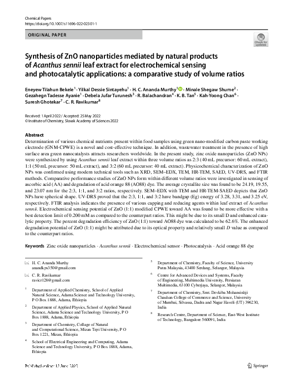 (PDF) Synthesis of ZnO nanoparticles mediated by natural products of Acanthus sennii leaf ...
