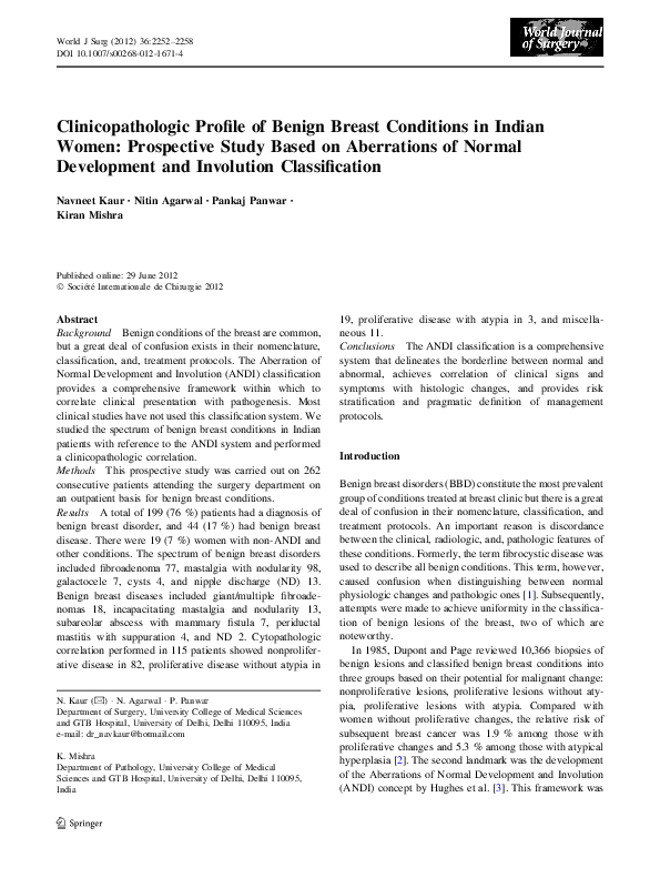 (PDF) Clinicopathologic Profile of Benign Breast Conditions in Indian ...