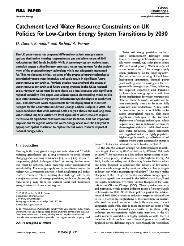 (PDF) Catchment Level Water Resource Constraints on UK Policies for Low-Carbon Energy System ...