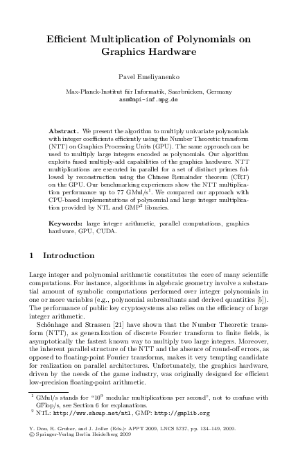 (PDF) Efficient Multiplication of Polynomials on Graphics Hardware