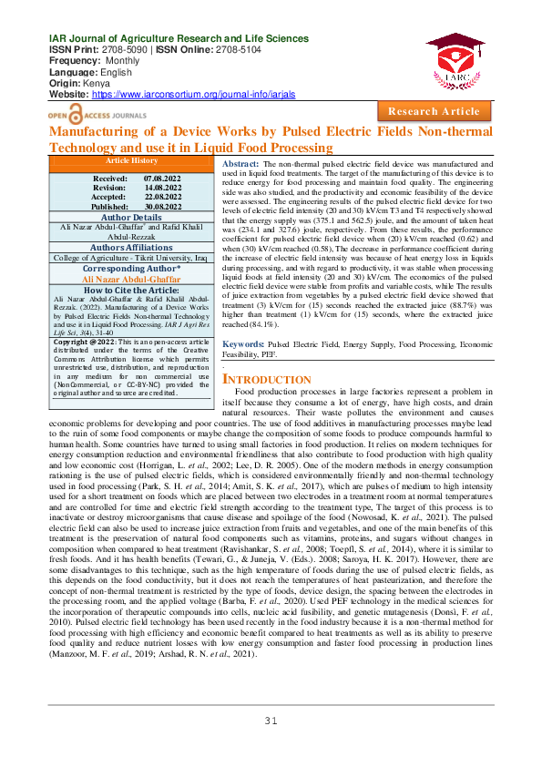 (PDF) Manufacturing of a Device Works by Pulsed Electric Fields Non-thermal Technology and use ...