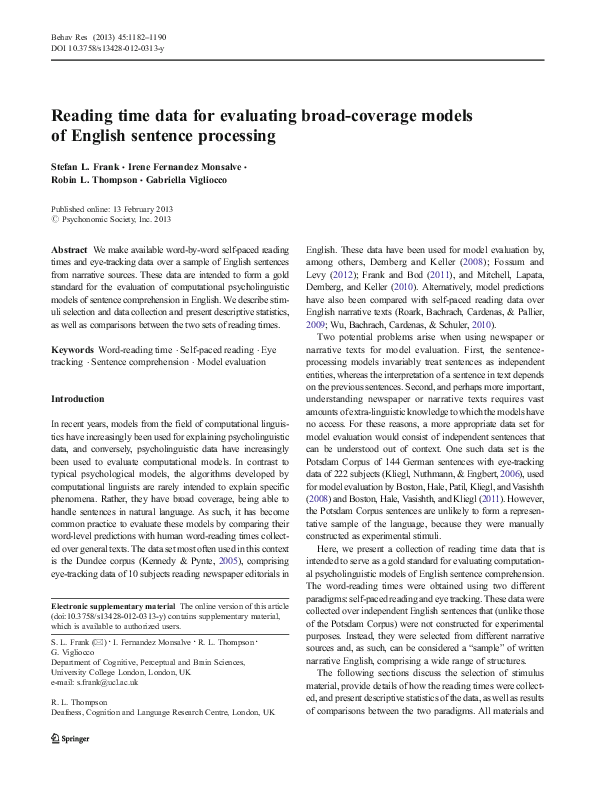 (PDF) Reading time data for evaluating broad-coverage models of English ...