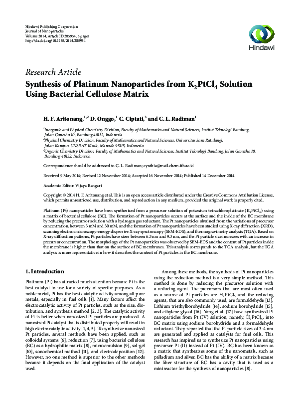 (PDF) Synthesis of Platinum Nanoparticles from K2PtCl4 Solution Using ...