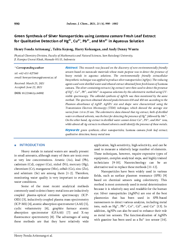 (PDF) Green Synthesis of Silver Nanoparticles using Lantana camara Fresh Leaf Extract for ...
