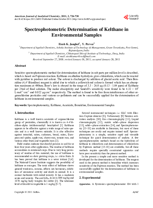 (PDF) Spectrophotometric Determination of Kelthane in Environmental Samples