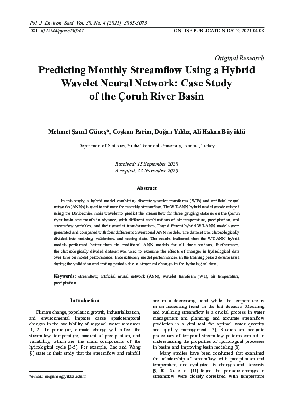 (PDF) Predicting Monthly Streamflow Using a Hybrid Wavelet Neural Network: Case Study of the ...