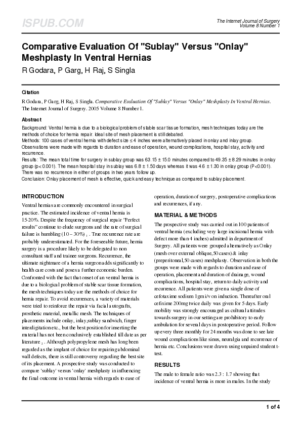 (PDF) Comparative Evaluation Of "Sublay" Versus "Onlay" Meshplasty In ...