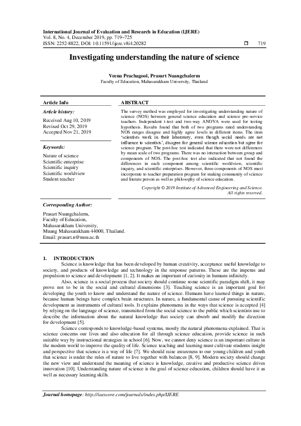 (PDF) Investigating understanding the nature of science