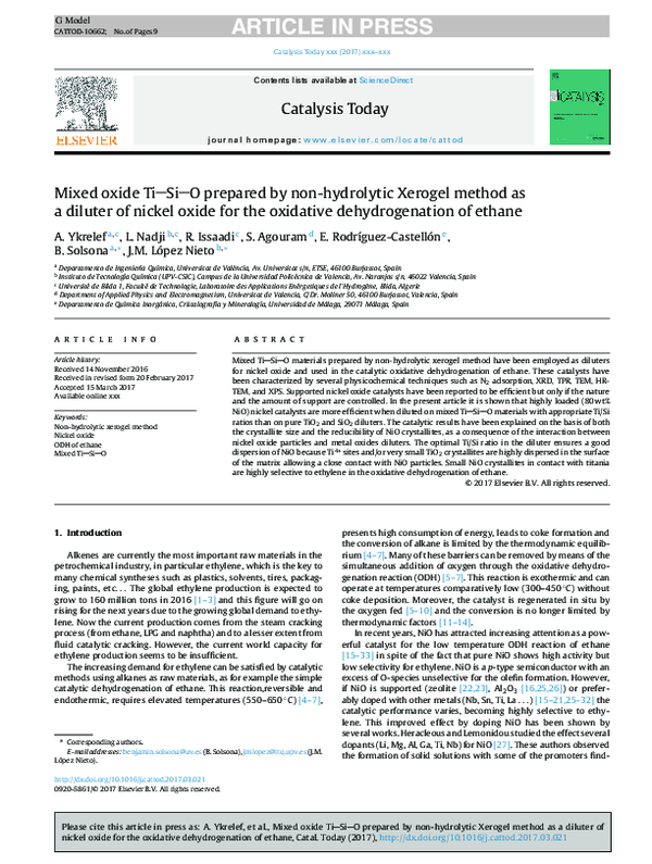 (PDF) Mixed oxide Ti Si O prepared by non-hydrolytic Xerogel method as ...