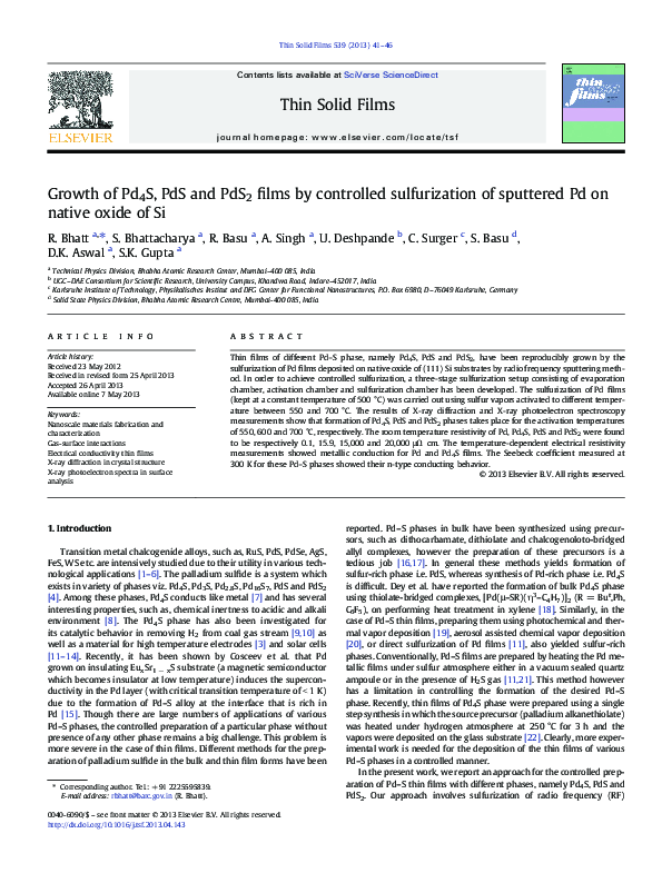 (PDF) Growth of Pd4S, PdS and PdS2 films by controlled sulfurization of ...