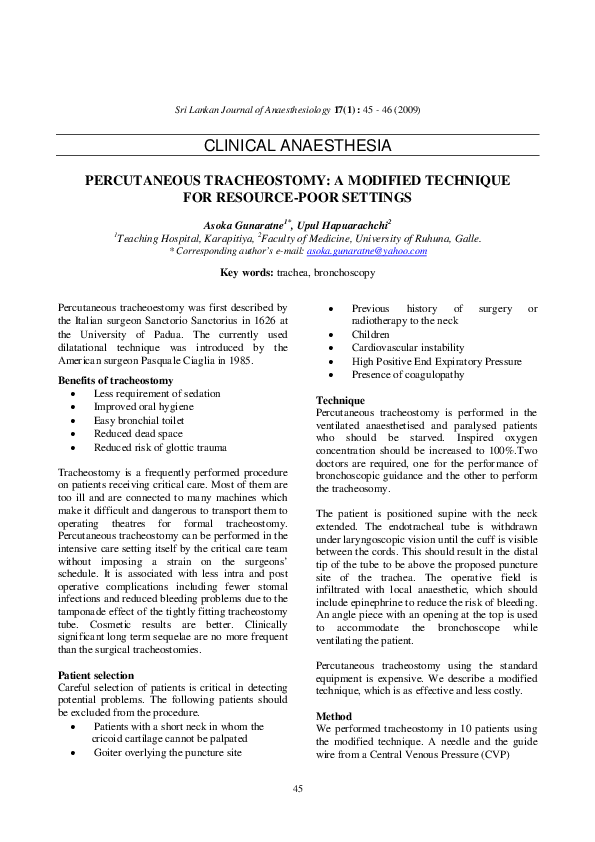 (PDF) Percutaneous Tracheostomy: A Modified Technique for Resource-Poor ...