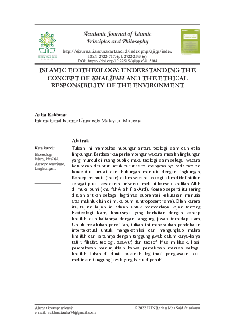 (PDF) Islamic Ecotheology: Understanding the Concept of Khalifah and the Ethical Responsibility ...