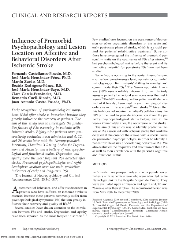 (PDF) Influence of Premorbid Psychopathology and Lesion Location on ...