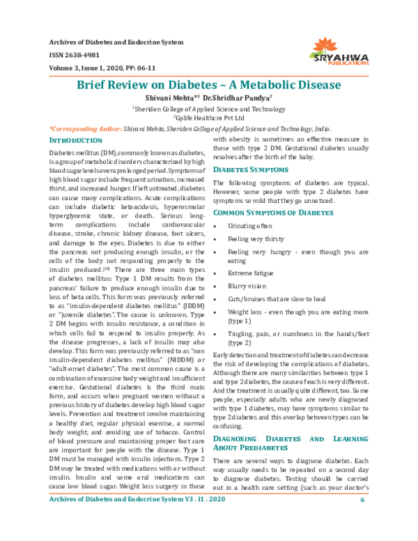 (PDF) Brief Review on Diabetes-A Metabolic Disease
