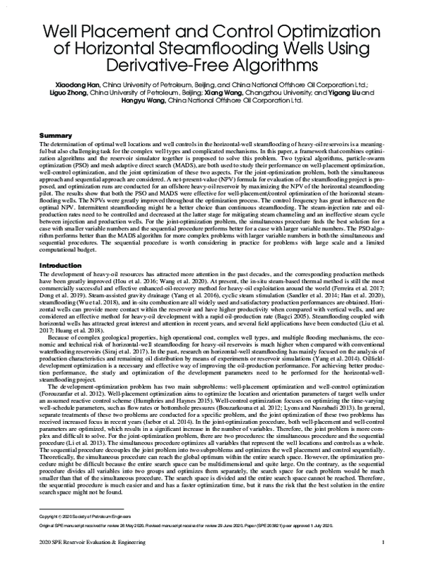 (PDF) Well Placement and Control Optimization of Horizontal Steamflooding Wells Using Derivative ...