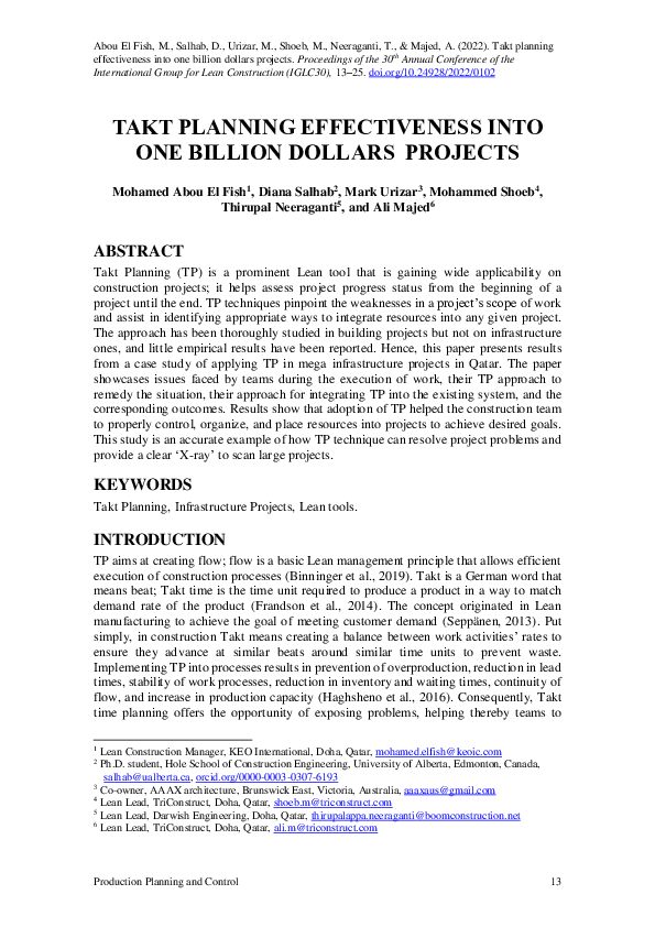 (PDF) Takt Planning Effectiveness Into One Billion Dollars Projects