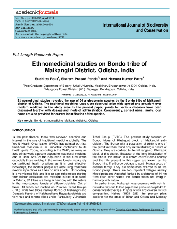 (PDF) Ethnomedicinal studies on Bondo tribe of Malkangiri District, Odisha, India