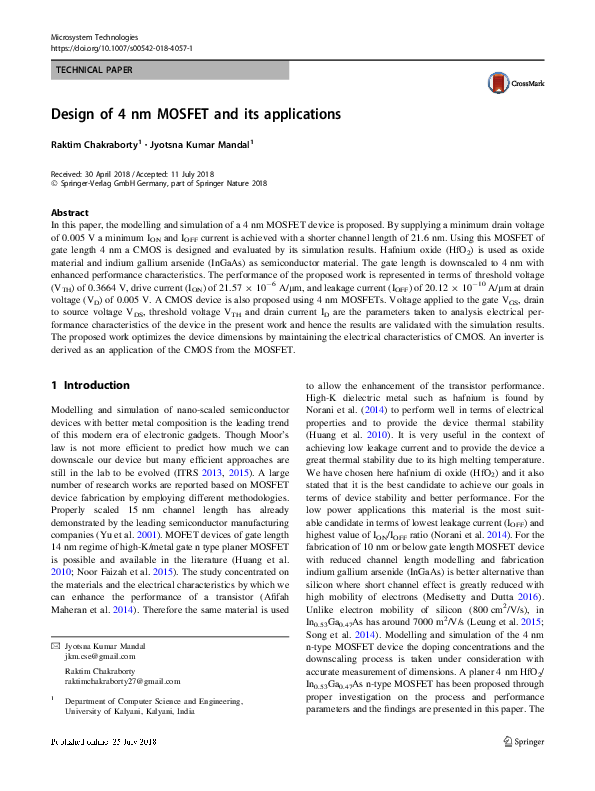 (PDF) Design of 4 nm MOSFET and its applications