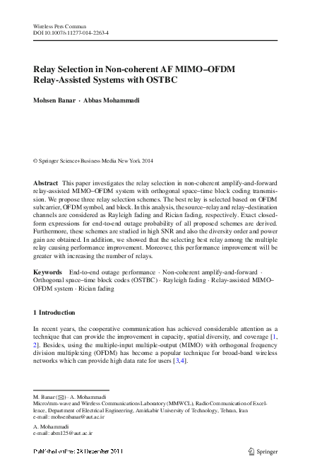(PDF) Relay Selection in Non-coherent AF MIMO–OFDM Relay-Assisted ...