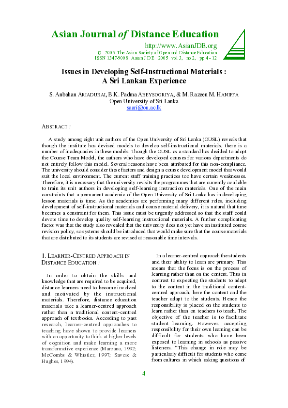 (PDF) Issues in Developing Self-Instructional Materials : A Sri Lankan Experience