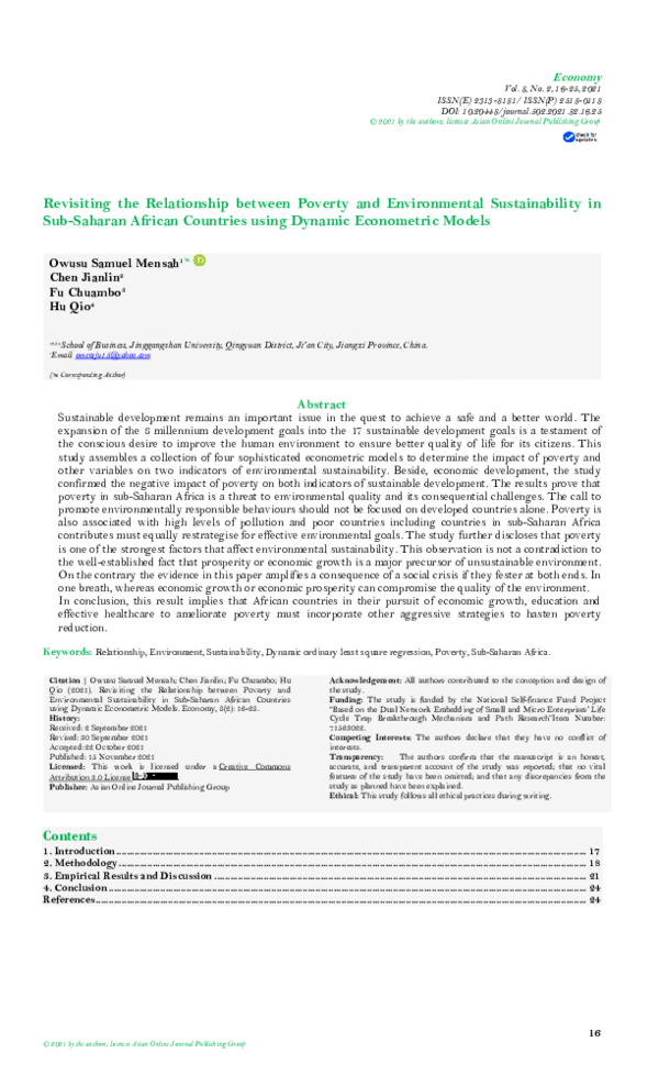 (PDF) Revisiting the Relationship between Poverty and Environmental Sustainability in Sub ...