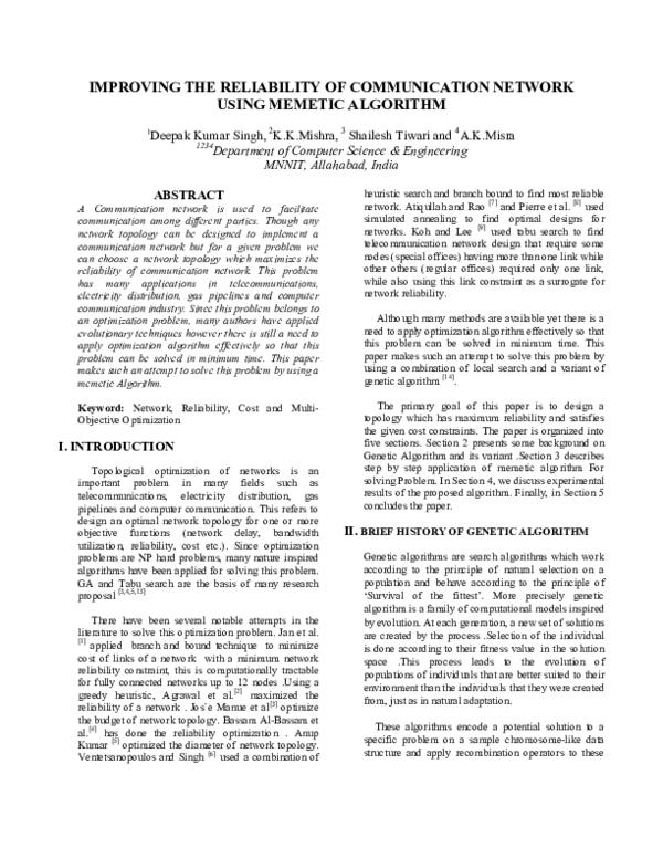 Pdf Improving The Reliability Of Communication Network Using Memetic Algorithm 