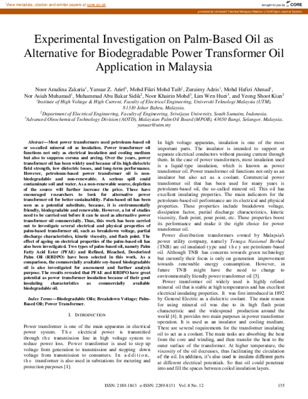 (PDF) Experimental Investigation on Palm-Based Oil as Alternative for ...