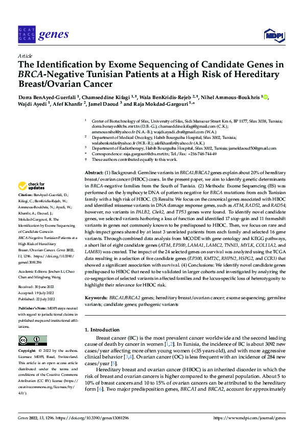 (PDF) The Identification by Exome Sequencing of Candidate Genes in BRCA-Negative Tunisian ...