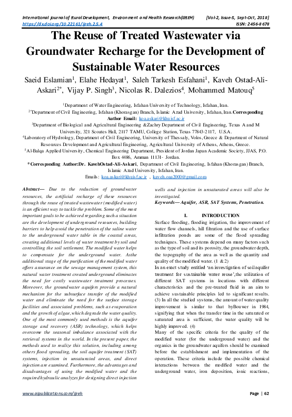 (PDF) The Reuse of Treated Wastewater via Groundwater Recharge for the Development of ...