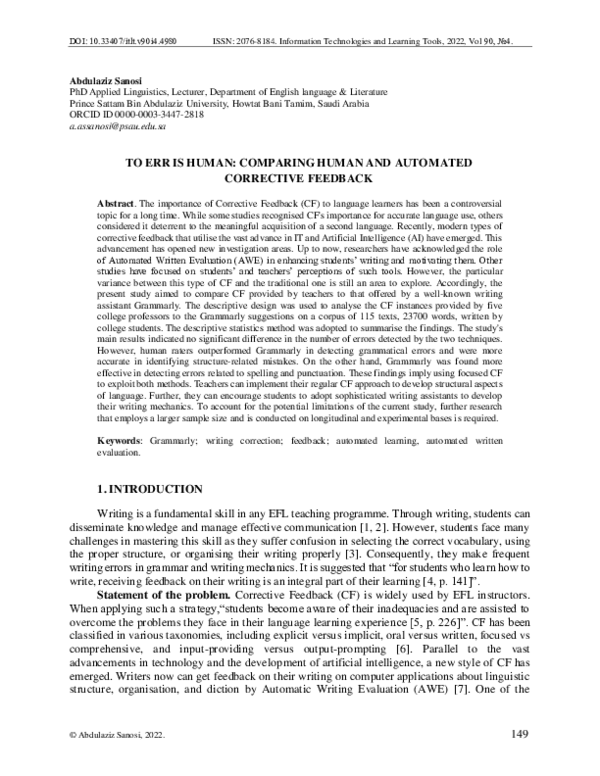 (PDF) To Err is Human: Comparing Human and Automated Corrective Feedback