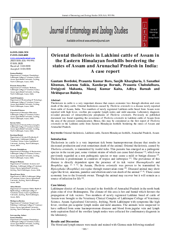 (PDF) Oriental theileriosis in Lakhimi cattle of Assam in the Eastern ...